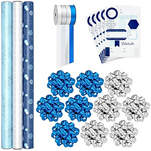 Hallmark Blue and Silver Wrapping Paper Set (3 Rolls: 90 Sq. Ft. Ttl, 10 Bows, Ribbon, Gift Tag Stickers) for Birthdays, Hanukkah, Father's Day, Graduations, Weddings