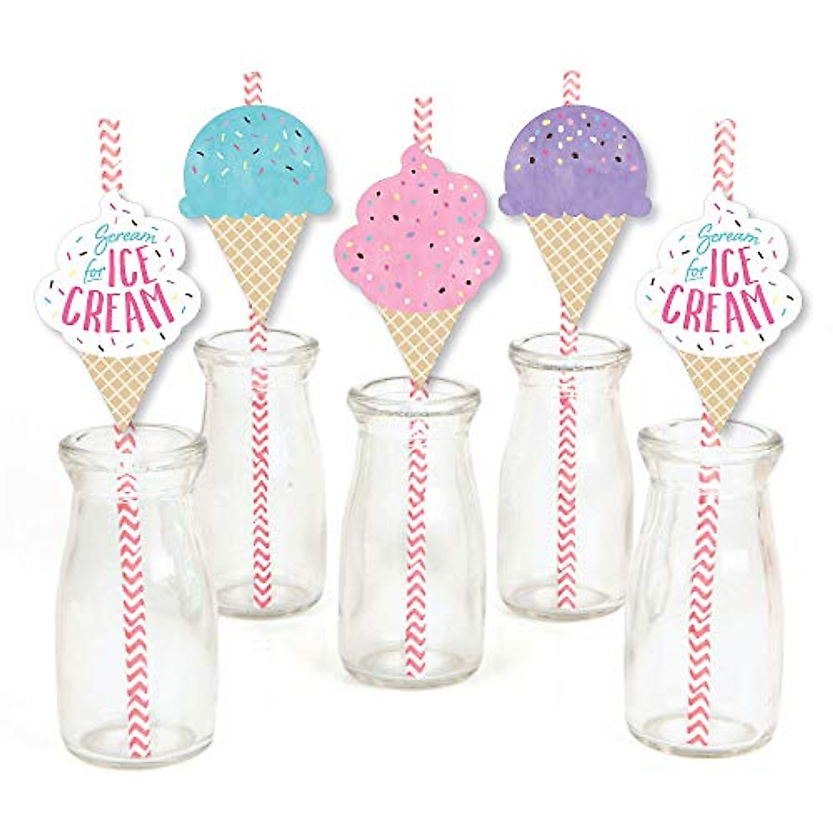 Big Dot of Happiness Scoop Up the Fun - Ice Cream - Paper Straw Decor - Sprinkles Party Striped Decorative Straws - Set of 24