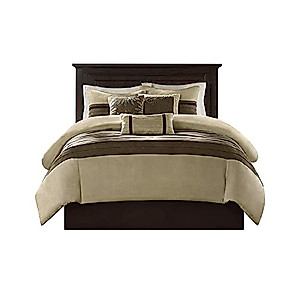 Madison Park Palmer Comforter Set-Luxury Faux Suede Design, Striped Accent, All Season Down Alternative Bedding, Matching Shams, Decorative Pillow, Bed Skirt, Queen (90 in x 90 in), Natural 7 Piece