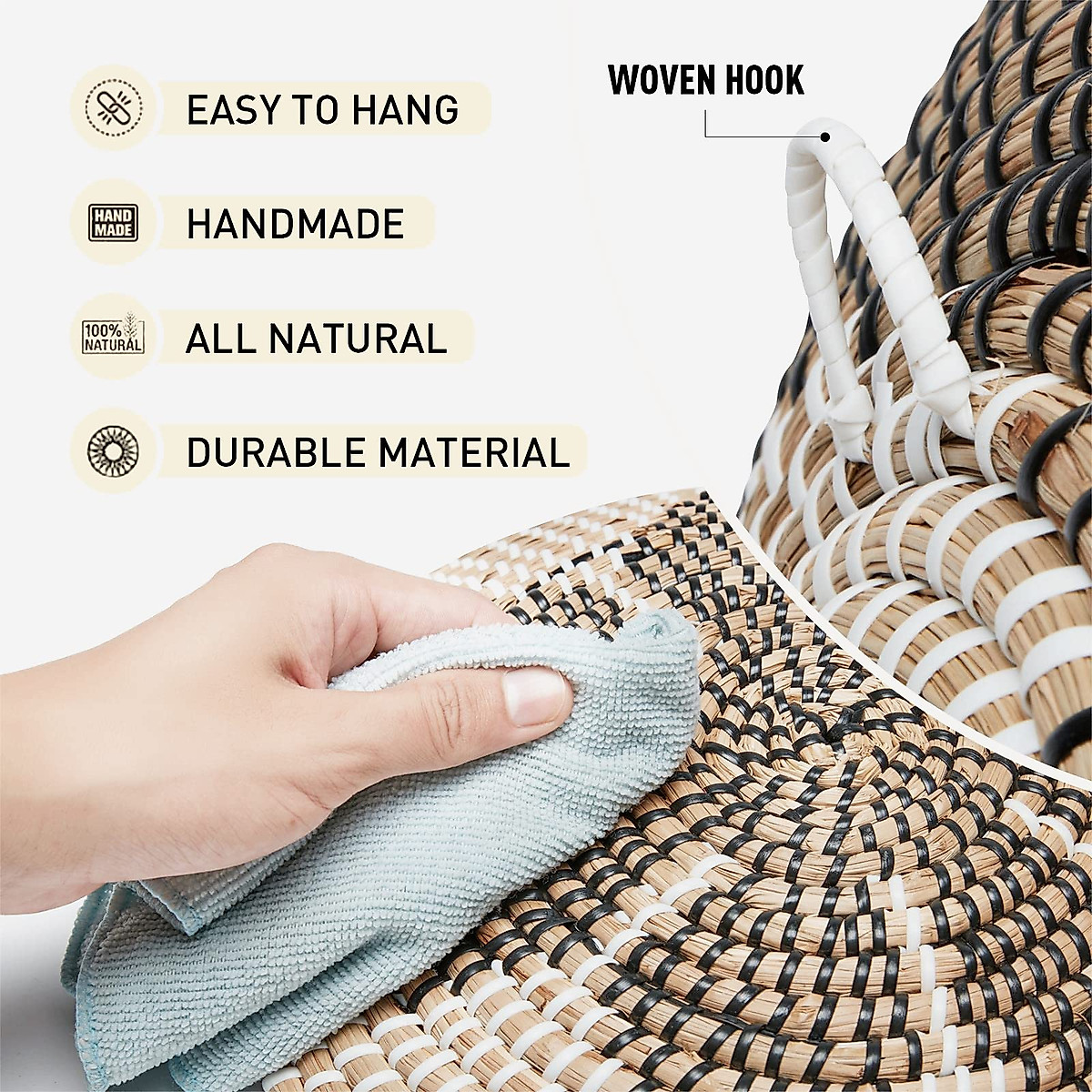 Wall Basket Decor Set of 6, Boho Hanging Seagrass Baskets Woven Basket Wall Decor, Natural Handmade Round Wicker Wall Decor with 10 Hooks,Boho Wall Decor 7.9" to 13.8" for Living Room Wall Art