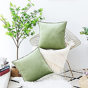 GAWAMAY Set of 2 Fall Decorative Solid Soft Velvet Gold Throw Pillow Covers with Chenille Edge Boho Accent Square Green Cushion Case for Couch Sofa Living Room Beding Outdoor 16 x 16 Inch (40x40cm)