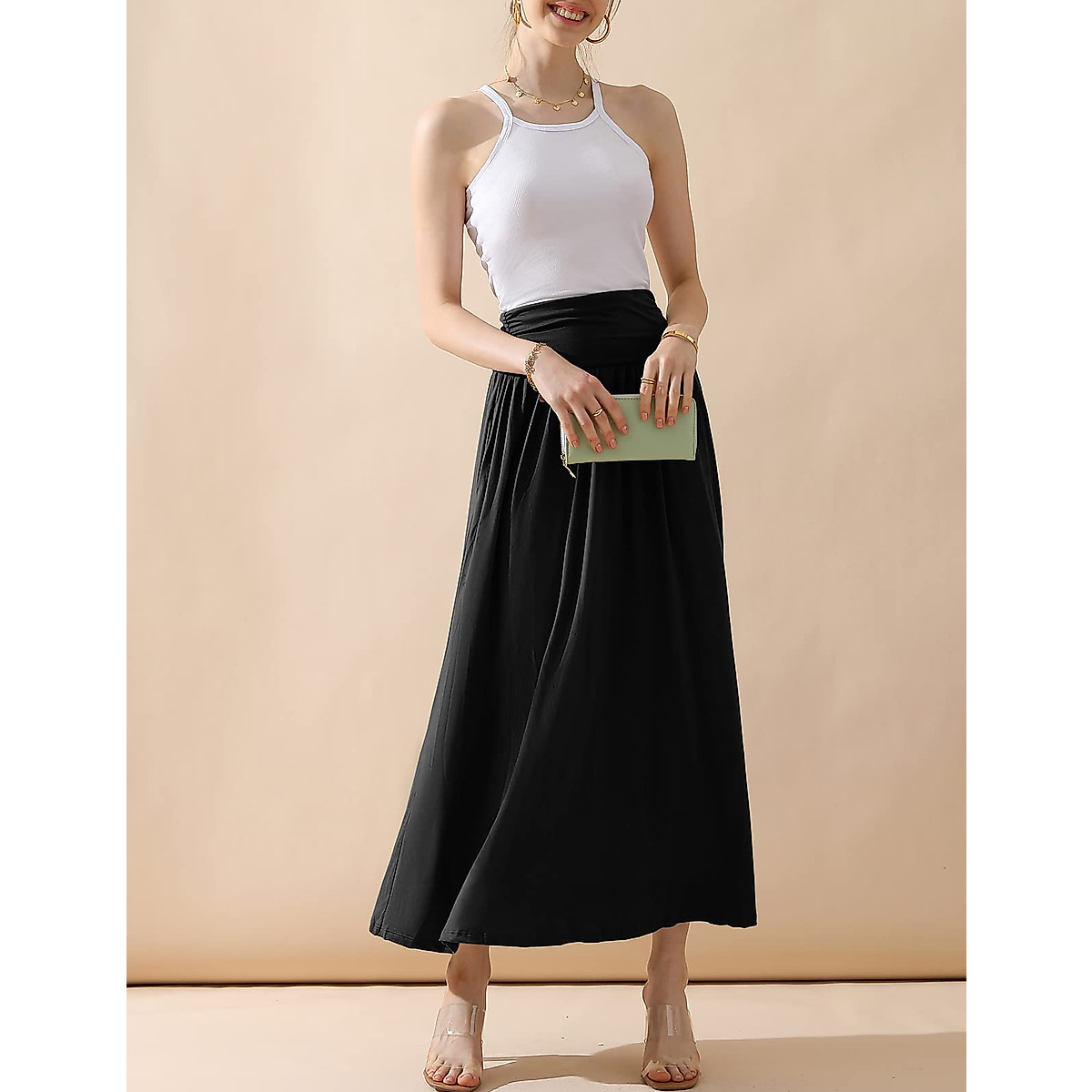 DOUBLJU Casual High Waisted Maxi Skirts with Pocket Elastic Wide Waist Band Flare Long Basic Skirts for Women Trendy Summer
