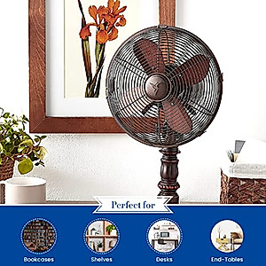 DecoBREEZE Oscillating Table Fan, 3 Speed Portable Fan, Kipling, Antique Metal Fan, 10 inches