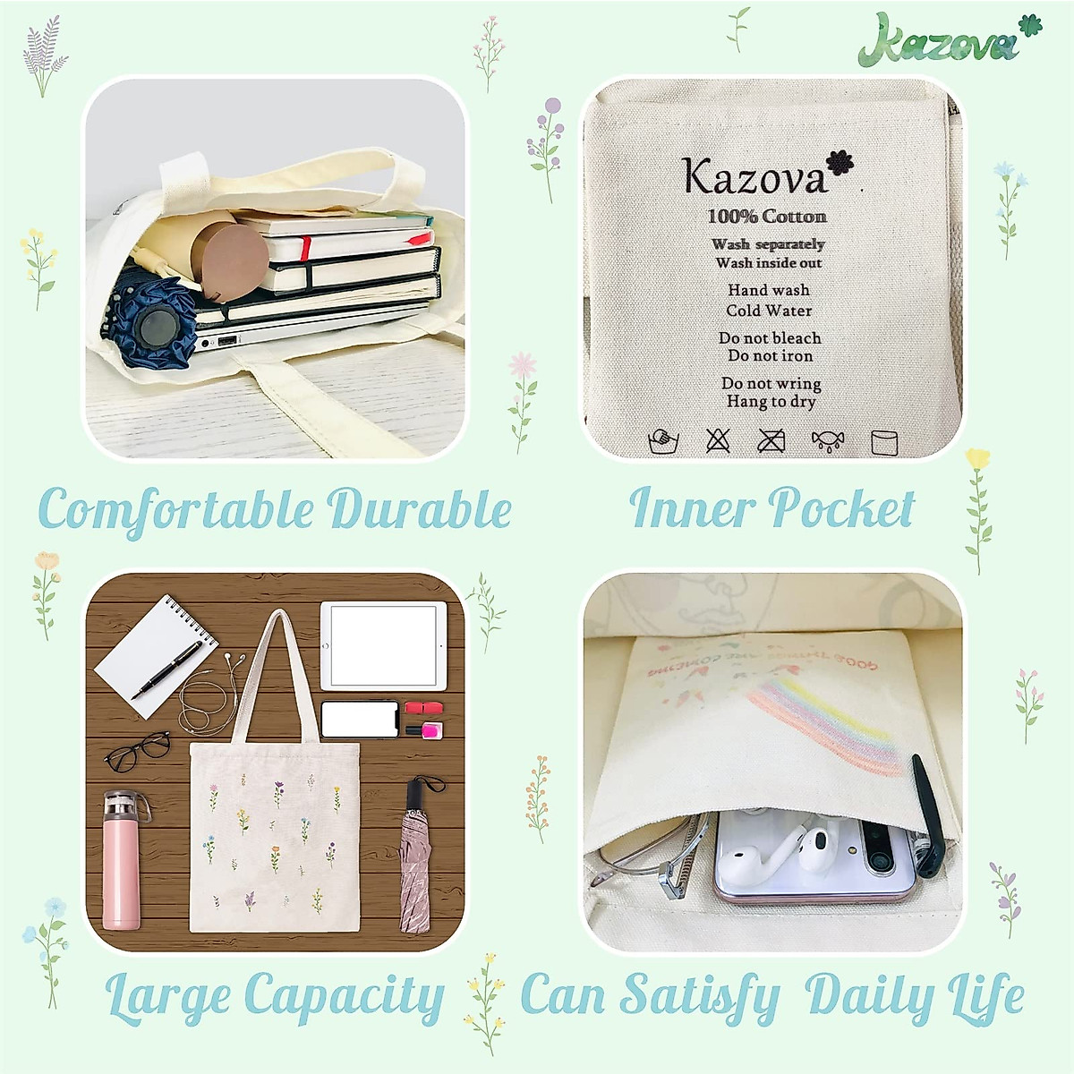 Kazova Floral Cotton Canvas Tote Bag Minimalist Bouquet Aesthetic Tote Bag Reusable Canvas Shopping Wildflower Botanical Flower Tote Bag gift for her