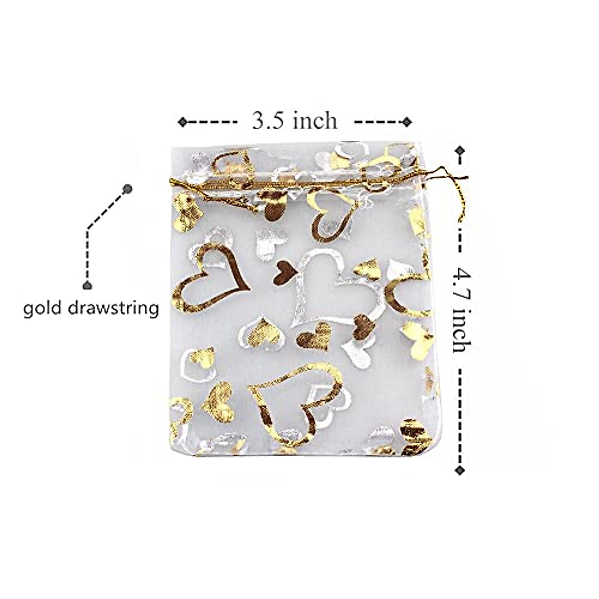 QIANHAILIZZ 100 pcs 3.5 x 4.7 Inch Flower Heart Organza Jewelry Gift Pouch Candy Pouch Drawstring Wedding Favor Bags (A white with gold heart)