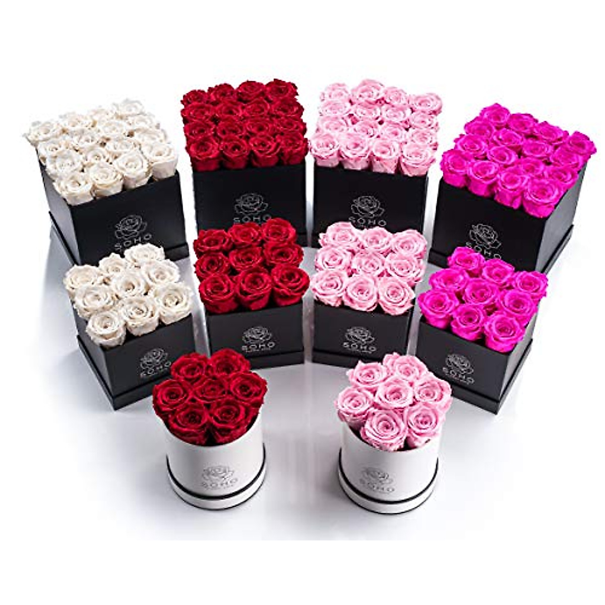 SOHO FLORAL ARTS New Roses Preserved Flowers | Genuine Roses That Lasts for Years | Flowers for Delivery | Large/XL Box (Black Box White Roses 9ct)