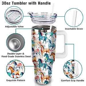 Puhnhsv 30 oz Horse Tumbler With Handle and Straw, 30oz Insulated Stainless Coffee Travel Mugs Cup Water Bottle Horse Lovers Gifts for Women Girls