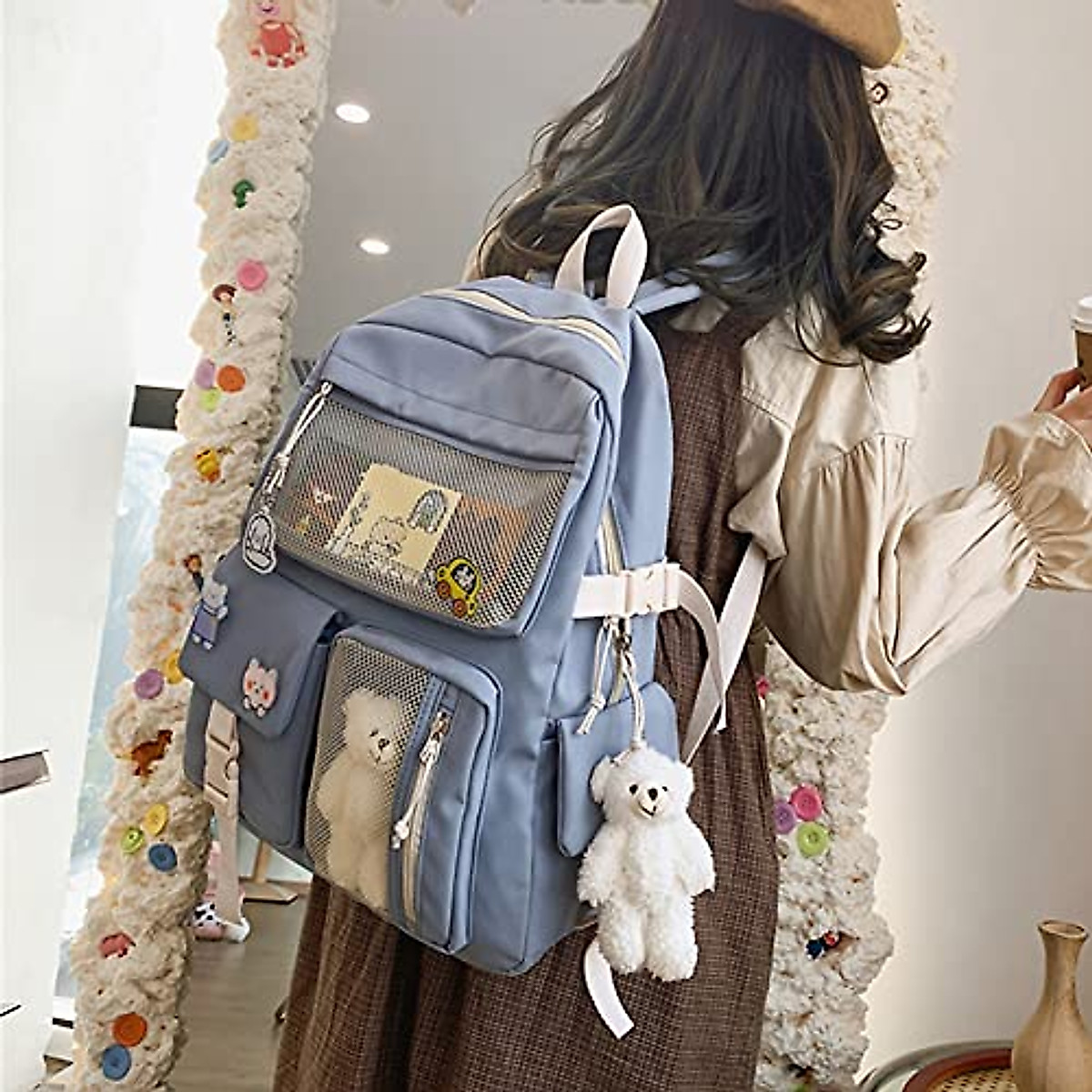 Tonecy Kawaii Mesh Backpack with Kawaii Pin and Accessories Girl Cute Aesthetic Backpack for School Laptop Teen Girls Women