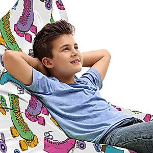 Lunarable Teen Lounger Chair Bag, Colorful Retro Style Roller Skates Youth Activity Girls Boys Fun Theme Sketch Art, High Capacity Storage with Handle Container, Lounger Size, Multicolor