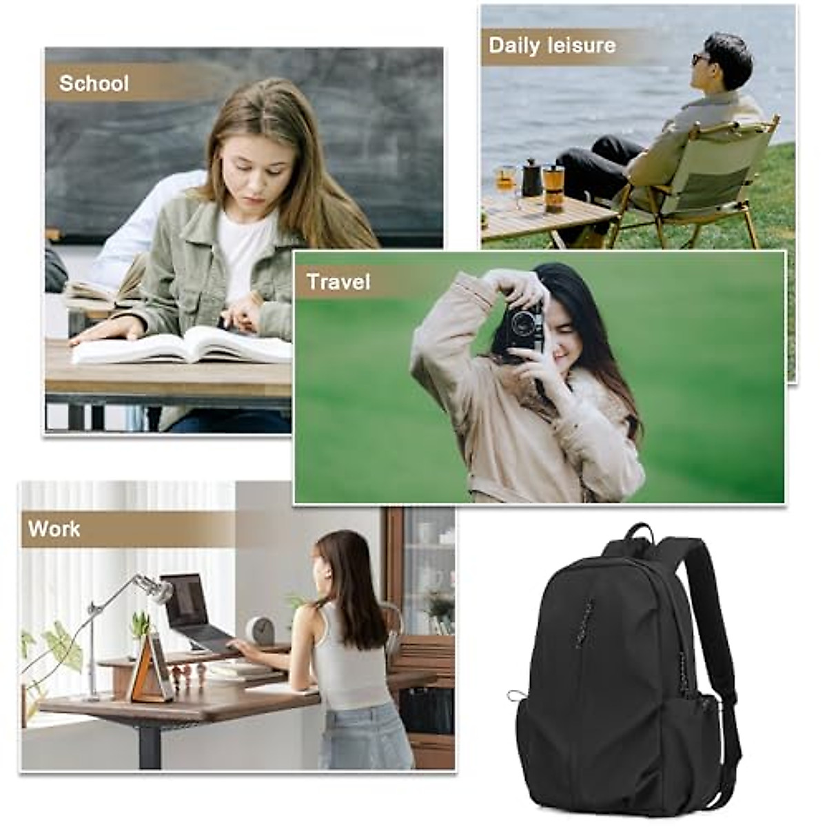 WEPOET Black School Backpack For Teens Boys Girls Cute Bookbag High School Bag Waterproof Casual Daypack College Backpack For Women Men Student Travel Backpack