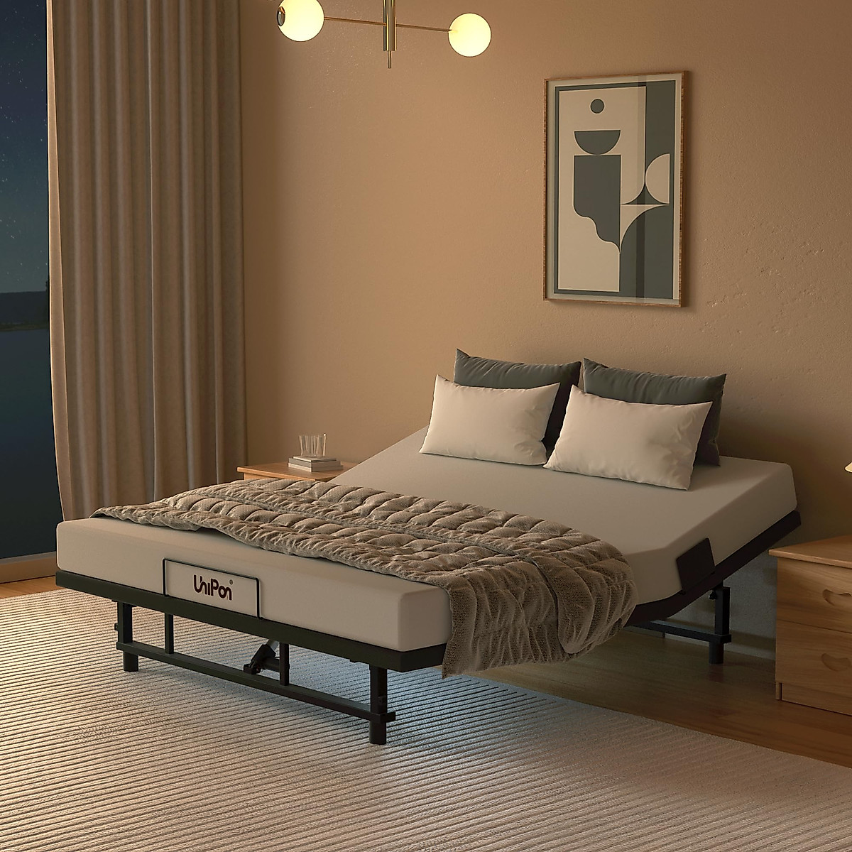 UniPon Adjustable Bed Frame Base King Size, Wireless Remote Control, Zero Gravity, Under Bed Lighting, USB Charging Station, Silent Motor, Mattress Retaining Bar, Anti-Sliping Suede Cover