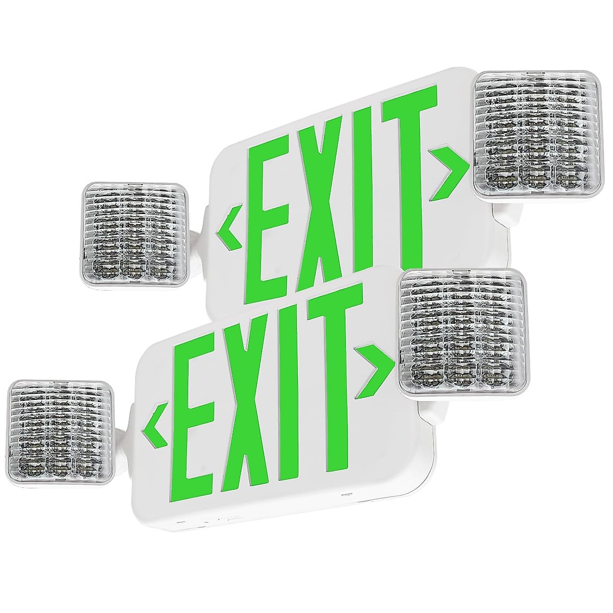 LFI Lights | Combo Green Exit Sign with Emergency Lights | White Housing | All LED | Two Adjustable Square Heads | Hardwired with Battery Backup | UL Listed | 2 Pack | COMBO2-G-W-BB-2