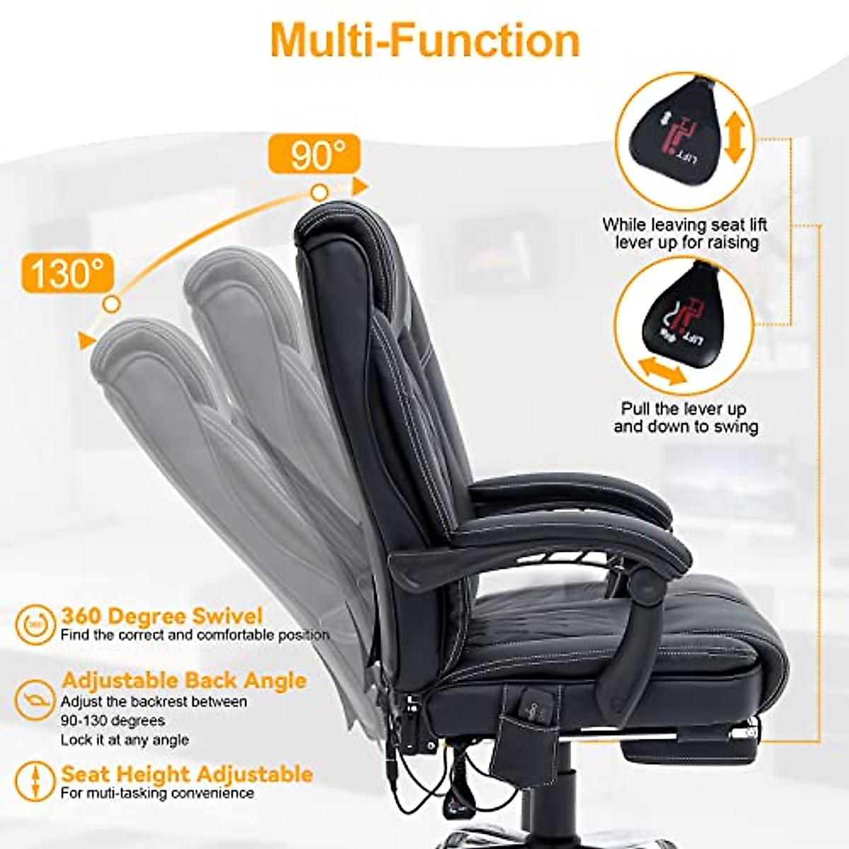 HOMREST 6-Point Massage Office Chair,Heated Executive Chair,Ergonomic Home Office Desk Chair,PU Leather with Retractable Footrest,Adjustable Armrest & Head Support(Black)