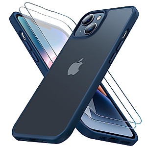 LϟK 3-in-1 for iPhone 13 Case for iPhone 14 Case, Translucent Matte Back with 2X Screen Protectors, [Military-Grade Drop Tested] Shockproof Slim Anti-Fingerprint Phone Case for iPhone 13/14, Blue