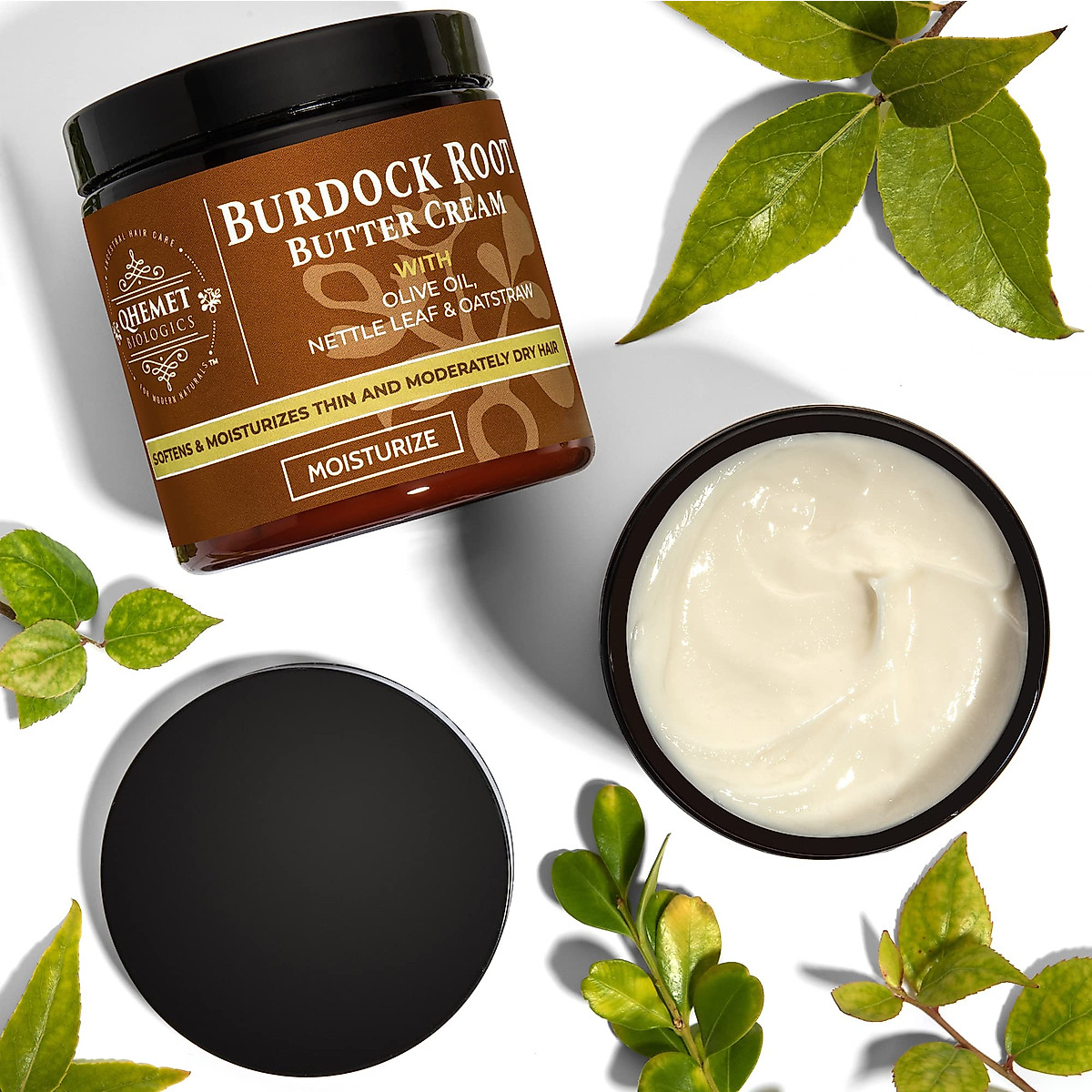 Qhemet Biologics Burdock Root Butter Cream - Leave-In Moisturizer for Low Porosity Hair - Helps Soften and Smooth Dry, Brittle Edges - Conditioning Botanicals to Nourish Scalp (8.5 oz)