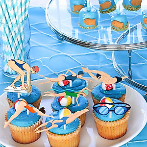 36Pcs Swimming Cupcake Toppers Swim Team Cupcake Toppers Swimming Birthday Party Cake Picks Swimming Pool Party Decorations for Summer Swimming Pool Baby Shower Supplies