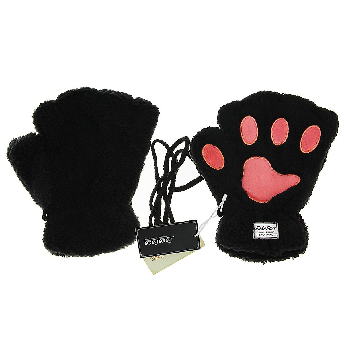 FakeFace Cute Cat Kitten Paw Fingerless Faux Fur Plush Gloves For Girls Women, Black, Small