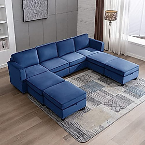 ZAFLY Sectional Sofa, 4 Seat Modular Comfy Couch with 4 Storage Ottomans, Convertible L Shaped U Shaped Couch Queen Sleeper Sofa with Adjustable Backrest Couches for Living Room(Blue)