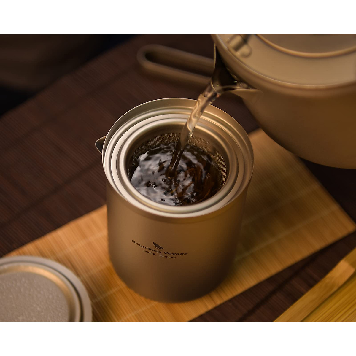Boundless Voyage 350ml Titanium Double-Walled Tea Cups with Filter Outdoor Camping Portable Tea Maker Coffee Cup Set(Ti3105D-3 cups+tea tin)
