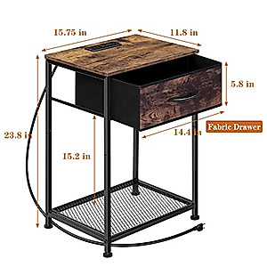 Bedroom Nightstands Set of 2 End Tables Living Room with Charging Station Farmhouse Side Tables Industrial Bedside Tables with Fabric Drawer for Small Spaces Guest Room Home Decor, Rustic Brown