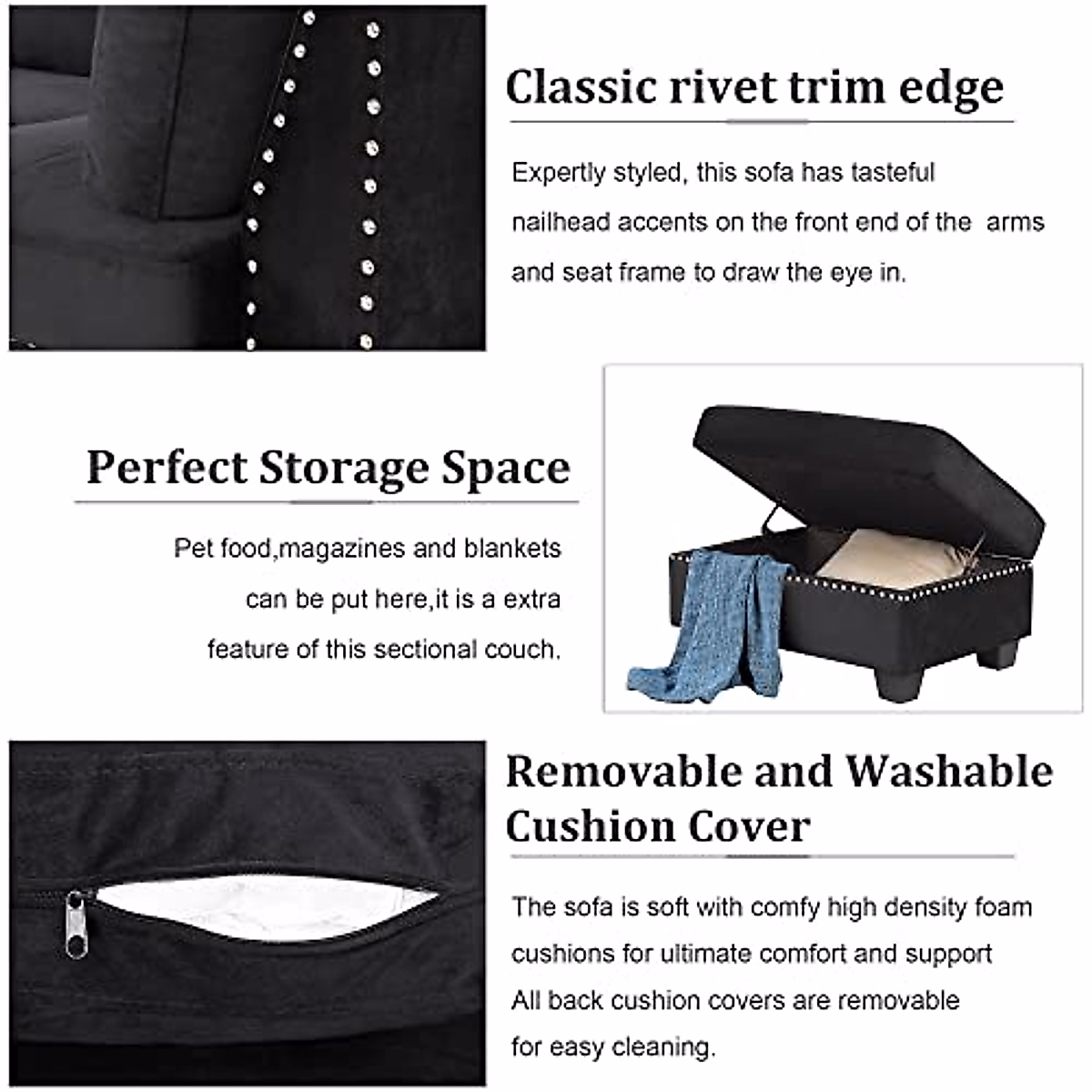 ERYE L-Shaped Corner Sectional Couch with Reversible Lounge Chaise and Drop-Down Cupholders,Modern Living Room Nailhead Decor 6 Seaters Sofa&Couch W/Storage Ottoman for Home Office Apartment