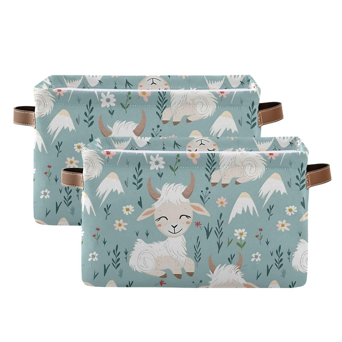 SUABO Cute Baby Goats with Floral Toy Basket,Collapsible Storage Bin Basket with Handles Laundry Baskets,Shelf Basket Nursery Storage for Bedroom Playroom,Set 1