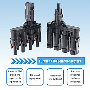 4 To 1 Solar Panel Connectors, 1000VDC Crimping Connection Anti Aging IP67 Waterproof Dustproof PPO Solar Panel Connectors for Outdoors