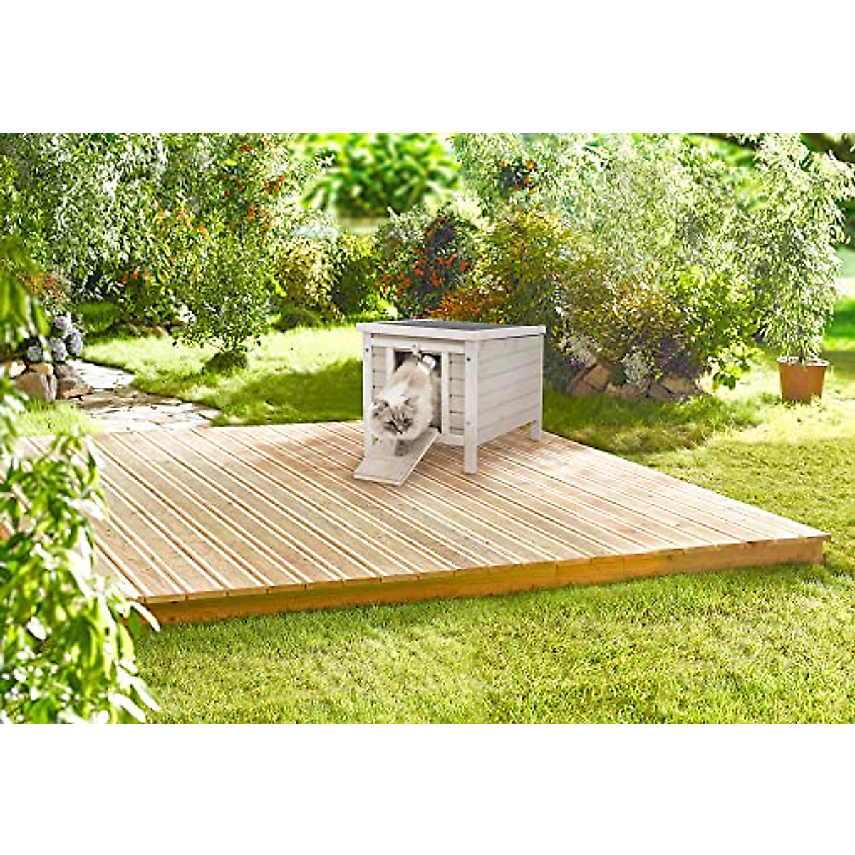 TRIXIE Small Pet House, Wooden Outdoor Shelter, Weatherproof Pet Home, Ideal for Cats, Rabbits, Bunnies, Guinea Pigs, Lt. Gray