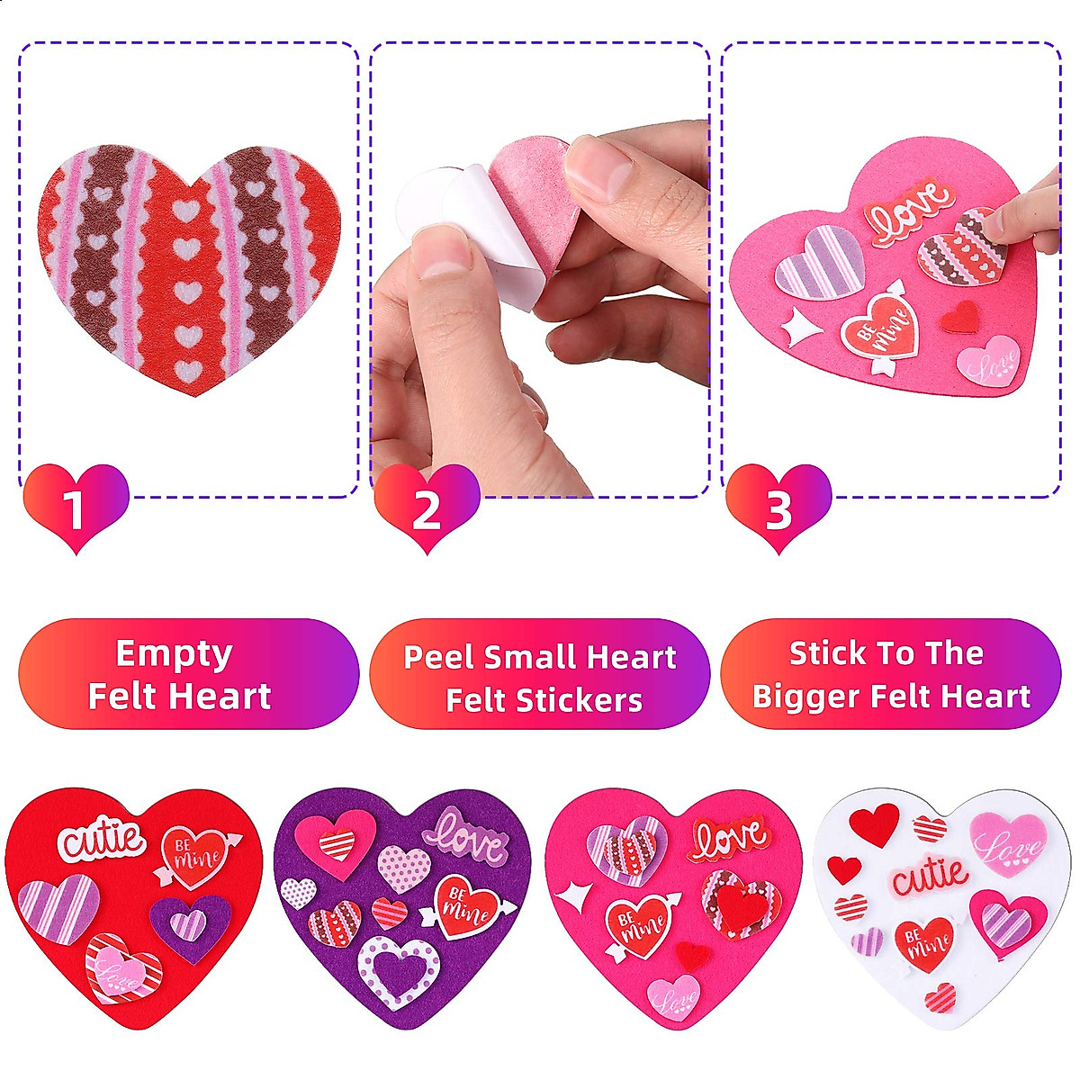 24 Pieces Valentines Felt Hearts DIY Crafts Heart Shape Craft Felt Heart Laser Cutout 300 Pieces Assorted Adhesive Felt Hearts Stickers for Valentine's Day Mother's Day Anniversary Holiday Decorations