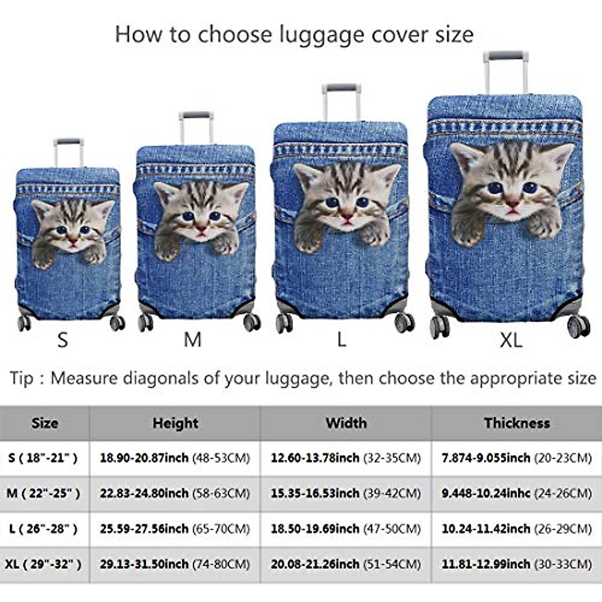 TAPE FIVE Washable Travel Luggage Cover Thickened Luggage Cover 18/24/28/32 Inch Suitcase Spandex Protective Cover (L(26"-28" luggage), Pocket Cat)