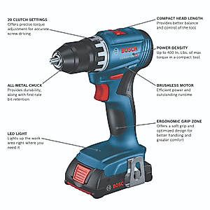 BOSCH GSR18V-400B22 18V Compact Brushless 1/2 In. Drill/Driver Kit with (2) 2 Ah Standard Batteries