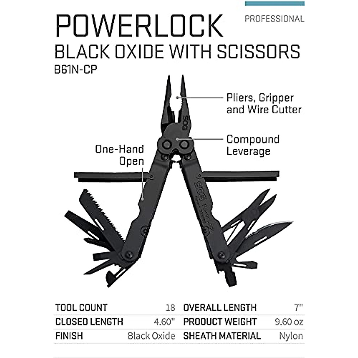 SOG Multitool - Powerlock Heavy Duty Multitool Pliers, Electrician Wire Cutter Multi Tool w/ Ballistic Nylon Multitool Sheath with Clip (S60N-CP)