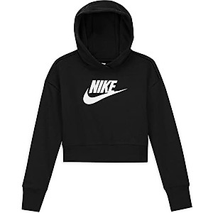 Nike Girl's Sportswear Club Fleece Crop Hoodie (Little Kids/Big Kids) Black/White M (10-12 Big Kid)