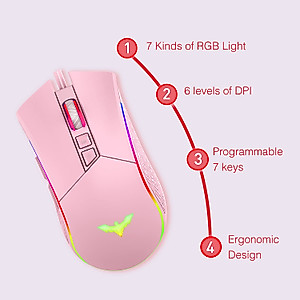 havit RGB Gaming Mouse Wired Programmable Ergonomic USB Mice 4800 Dots Per Inch 7 Buttons & 7 Color Backlit for Laptop PC Gamer Computer Desktop (Pink)