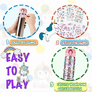 YOFUN Decorate Your Own Water Bottle with 11 Sheets of Unicorn Stickers & Glitter Gems, Craft Kit & Art Kit for Children, Gift for Girls Age 4 5 6 7 8 9 10 Years Old Kids, BPA Free Insulated (Silver)