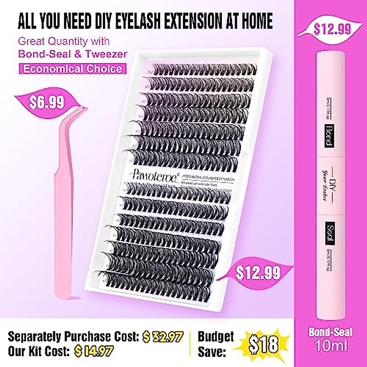 DIY Lash Extension Kit 280pcs Individual Lashes Cluster D Curl Eyelash Extension Kit 30D 40D 9-16mm Mix Lash Clusters with Lash Bond and Seal and Lash Applicator Tool for Self Application at Home (30D+40D-0.07D-9-16MIX KIT)