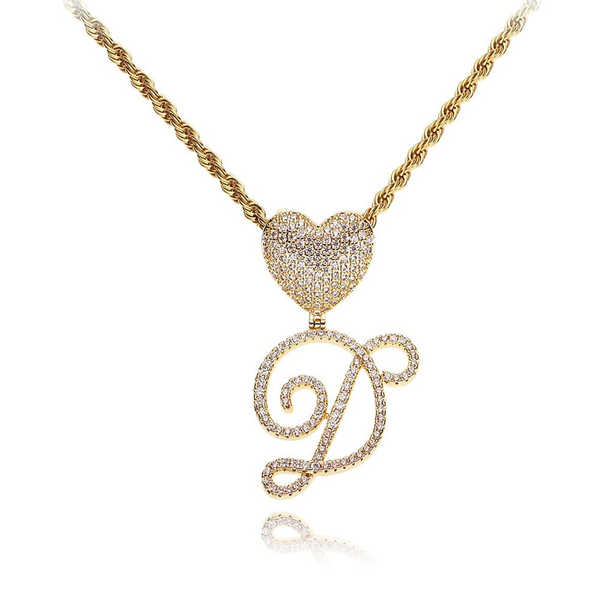 SXNK7 Cursive Initial Necklace for Women Men 18K Gold Plated A-Z Letters Pendant Necklace with Rope Chain Hip Hop Iced Out Heart Alphabet Necklace Jewelry Gifts (Gold D)