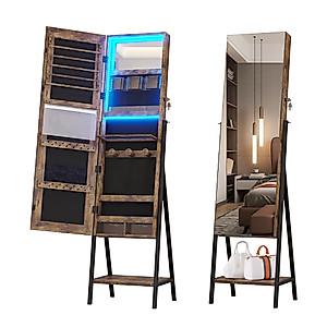 jajov 47.2" LED Jewelry Cabinet Armoire, Standing Full-Length Mirror With Jewelry Storage, Jewelry Organizer Armoire, Lockable Jewelry Mirror Cabinet (Rustic Brown)