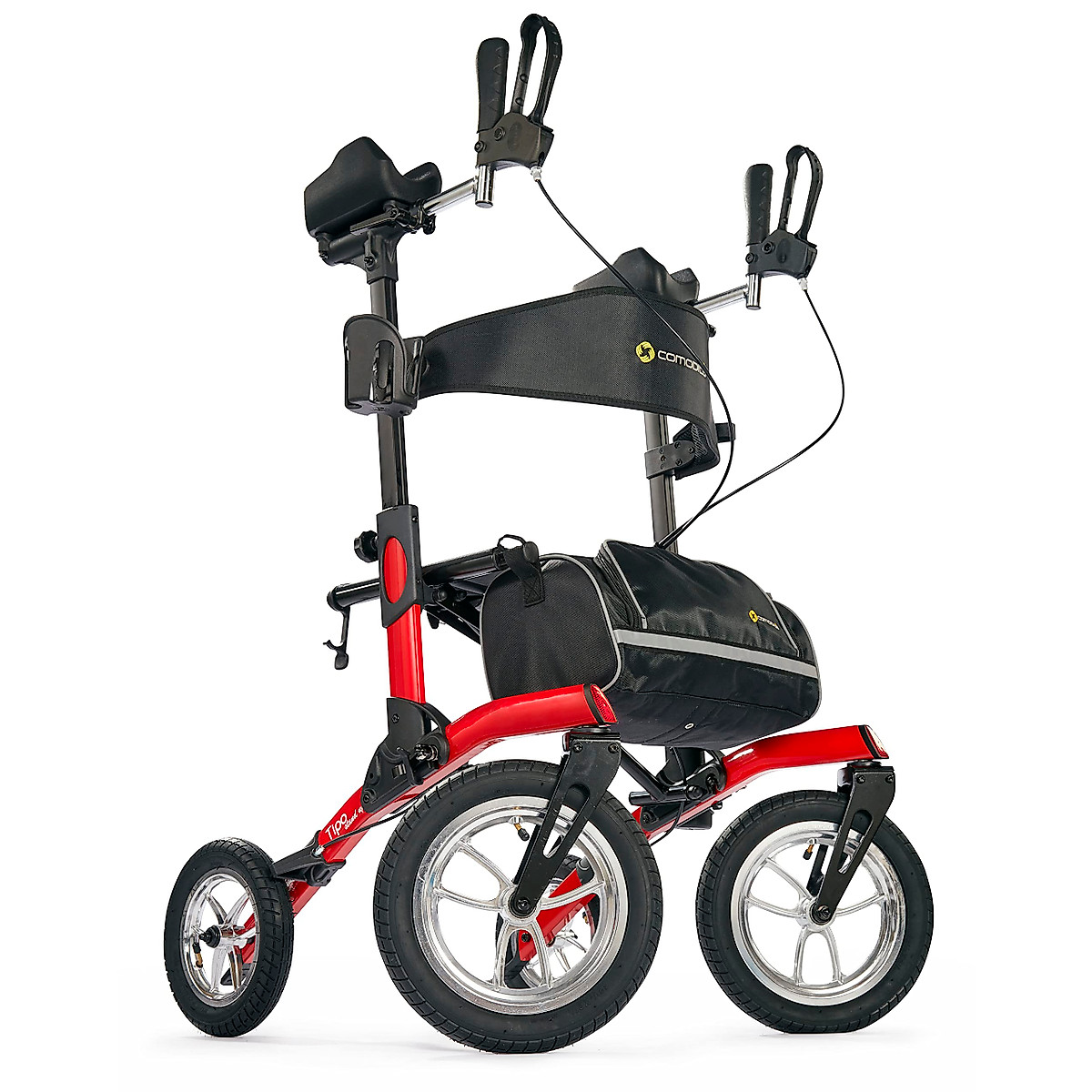 Comodità Tipo Stand Up Advance All Terrain Upright Rollator Walker with Seat and Pneumatic Tires, 4 Wheel Folding Rolling Walker for Adults and Seniors with Cup and Cane Holder, Modena Red