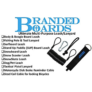 Branded Boards-Railz Steel Coiled Safety Leash, Heavy Duty Wrist Cuff, Carabiner & Paracord Loop. Boogie Board, Snowboard, Surf Board, SUP, Scooter, Snowskate, Sled, Dog Pet Lanyard (Ultimate 1-Pack)