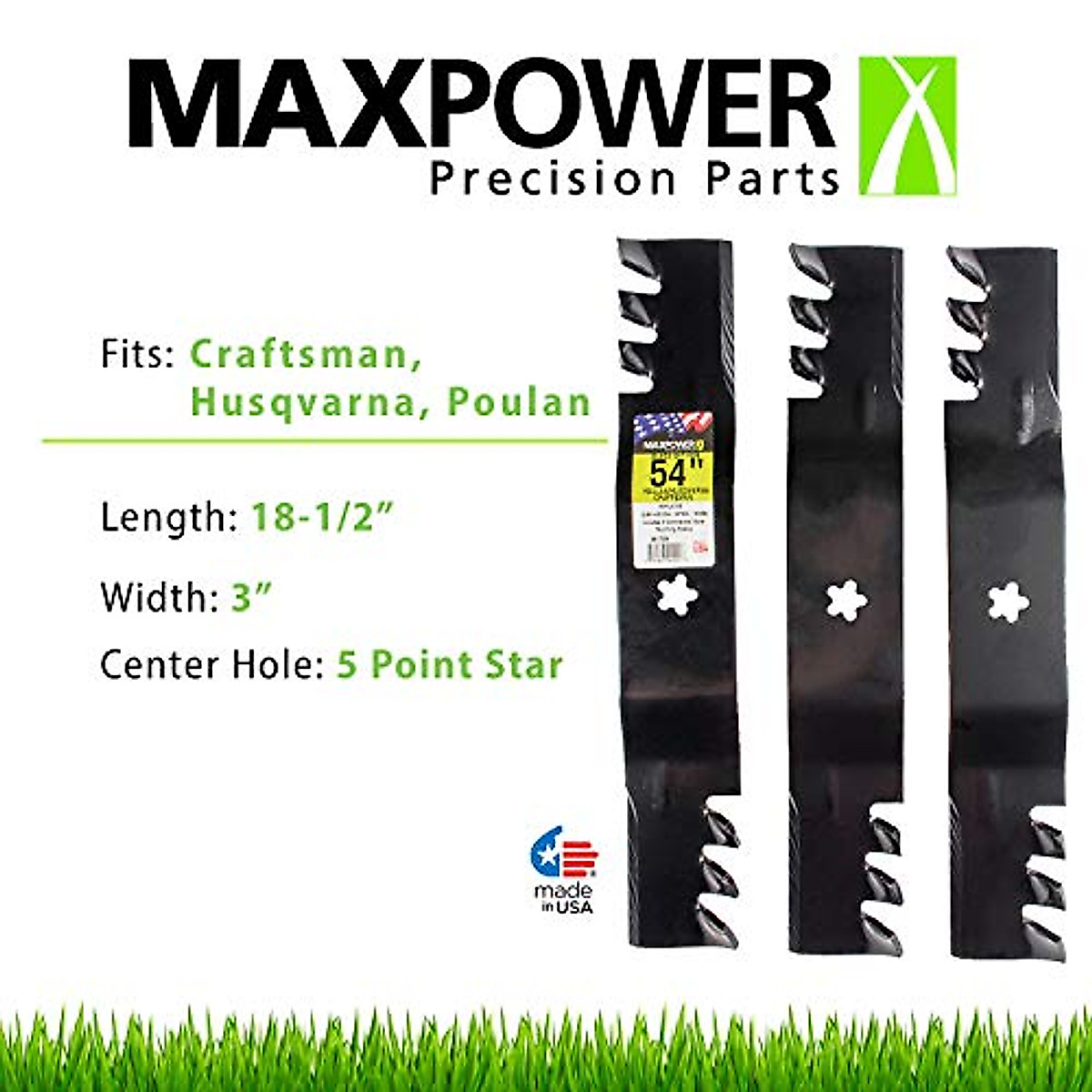 MaxPower 561738XB 3 Blade Commercial Mulching Set for 54" Cut Craftsman, Husqvarna, Poulan s 532187255, 187254, 187255, 187256, Replaces OEM no. 32187255, 532187256, Black