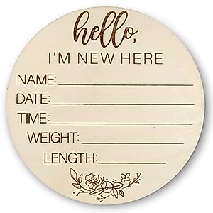Wooden Newborn Welcome Sign - Hello I’m New Here Baby Name Sign - Round Baby Announcement Sign for Hospitals - Infant Arrival Stat Sign - 4.75 Inches Long & Wide with 3mm Thickness