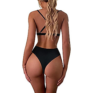 fatty tiger Womens High Waisted Thong Bikini Sets Sexy Brazilian Triangle Top Deep V Neck Two Piece Swimsuit Bathing Suits (Black, Large)