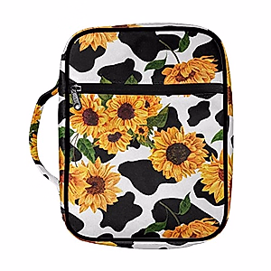 Coldinair Cow Sunflower Print Bible Cover for Women Girls Kids,Portable Carrying Book Case Church Bag Bible Protective with Handle and Zippered Pocket
