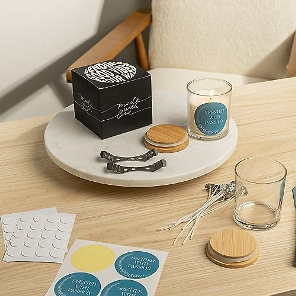 CANDECOR 8 Pack 10oz Clear Glass Candle Jars Kit - Complete Set with Bamboo Lids, Sticky Warning Labels, Customized Boxes, Wick & Holder - Ideal for DIY Candle Making - Dishwasher Safe