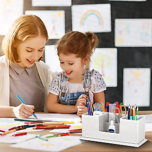 Desk Pencil Holder,Pen Cup Holder for Desk,Desktop Organizer White Pen Holder, PU Leather Desk Organizer Office Supplies with 4 Compartments Storage for Business Card/Pen/Pencil