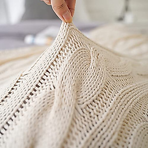 Battilo Cream Ivory Cable Knit Throw Blankets for Couch, Super Soft Warm Cozy Decorative Knitted Throw Blanket for Bed, Sofa, Chair 50"x60"