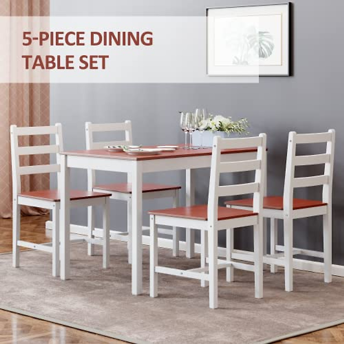 Alohappy 5 Piece Kitchen Table and Chairs Set for 4, Rectangular Pinewood Dining Table Set for Dining Room, Kitchen Room Furniture, Space-Saving & Easy Assembly (Red)