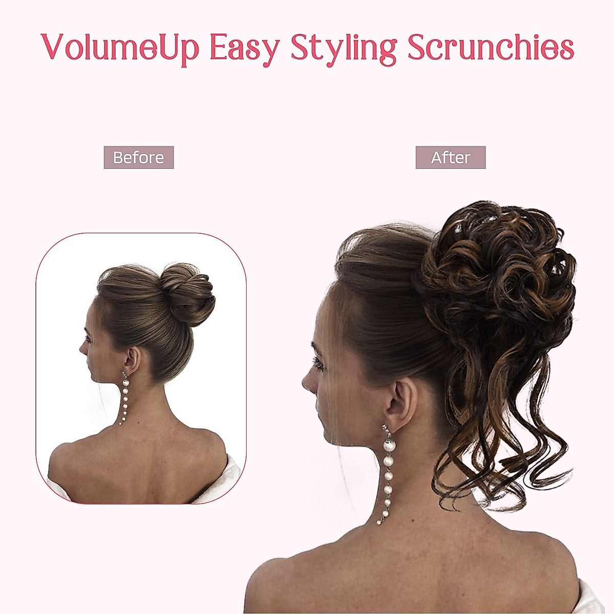 HOOJIH Messy Bun Hair Piece, 2PCS Tousled Updo with Tendrils Hair Bun Extensions Wavy Curly Hair Wrap Ponytail Hairpieces Thick Hair Scrunchies for Women HB010 Dasiy - Black Brown