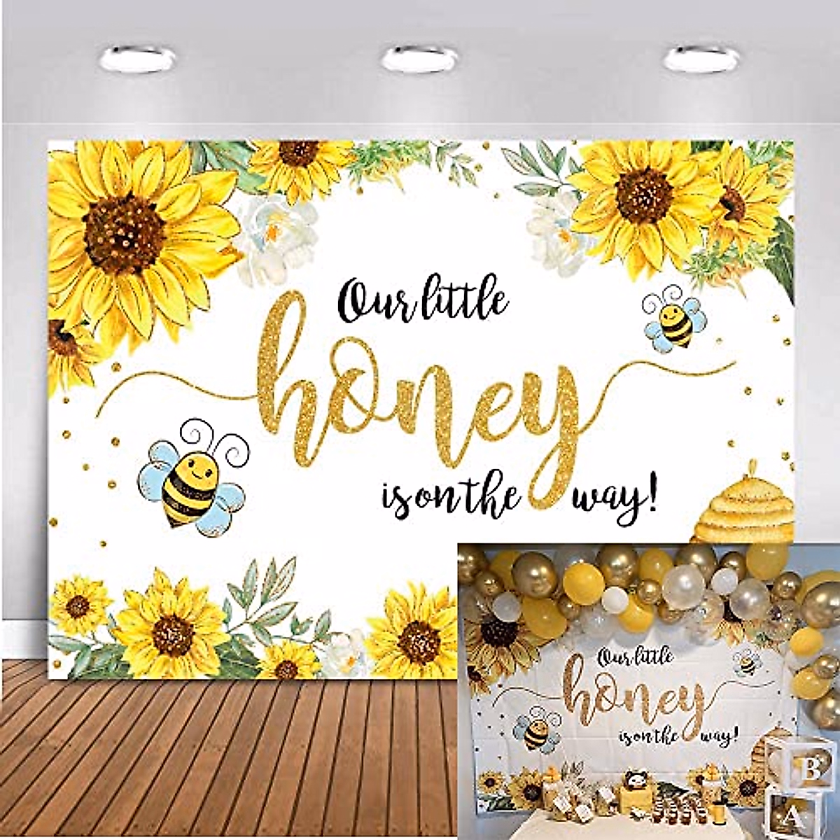 Mocsicka Bee Baby Shower Backdrop Sunflower Sweet Honeycomb Baby Shower Photo Backdrops Bumblebee Bee Day Photography Background (7x5ft)